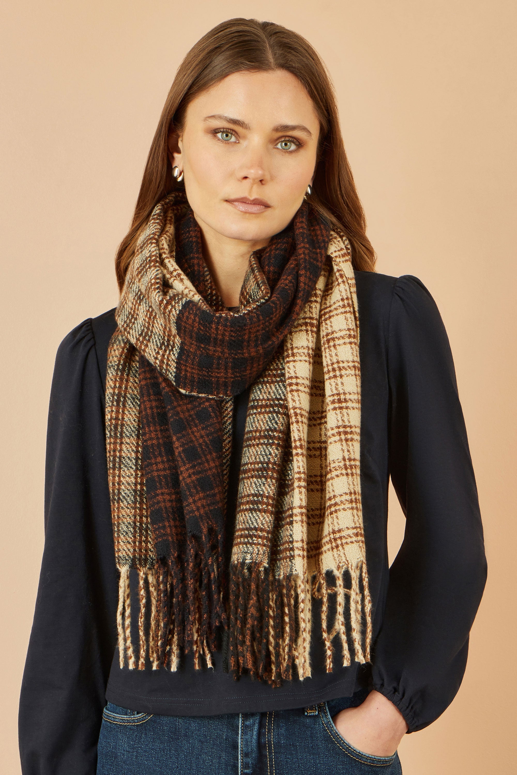 Yumi Brown Mixed Check Scarf – Style Heist